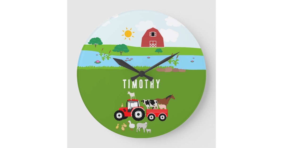 Farm Animals & Red Tractor Barnyard Custom Name Large Clock | Zazzle