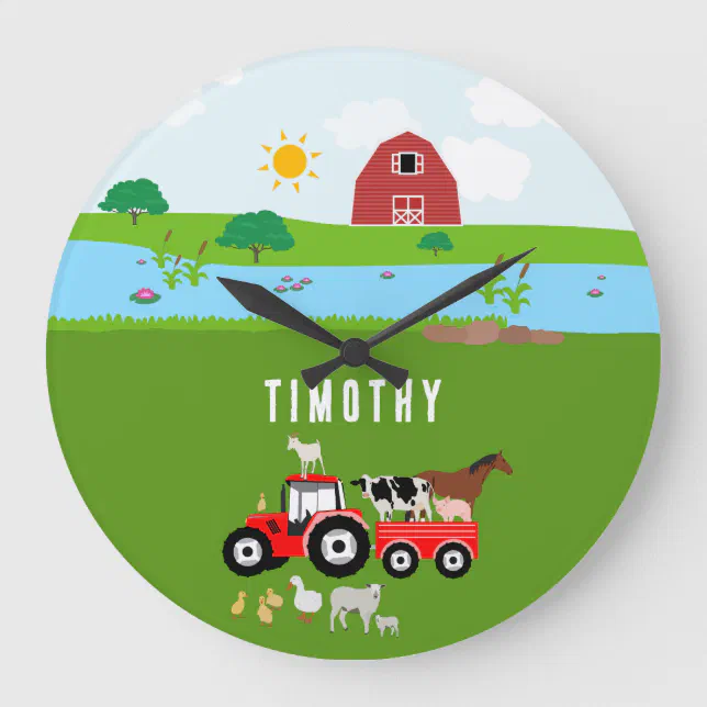 Farm Animals & Red Tractor Barnyard Custom Name Large Clock | Zazzle