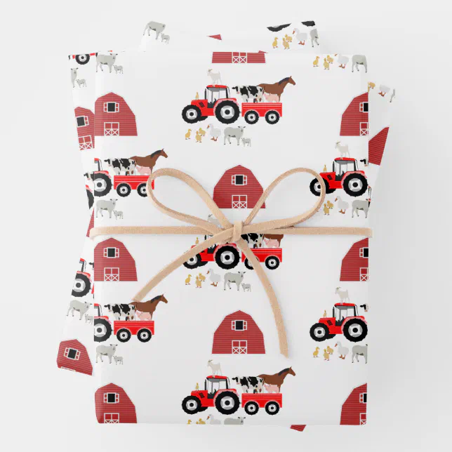 Farm Animals & Red Tractor Barnyard Pattern Wrapping Paper Sheets | Zazzle