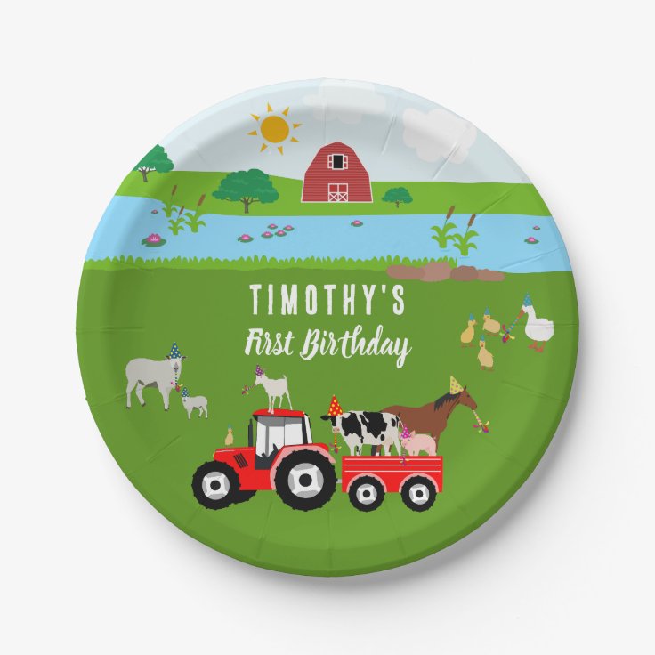 Farm Animals & Red Tractor Birthday Party Theme Paper Plates | Zazzle