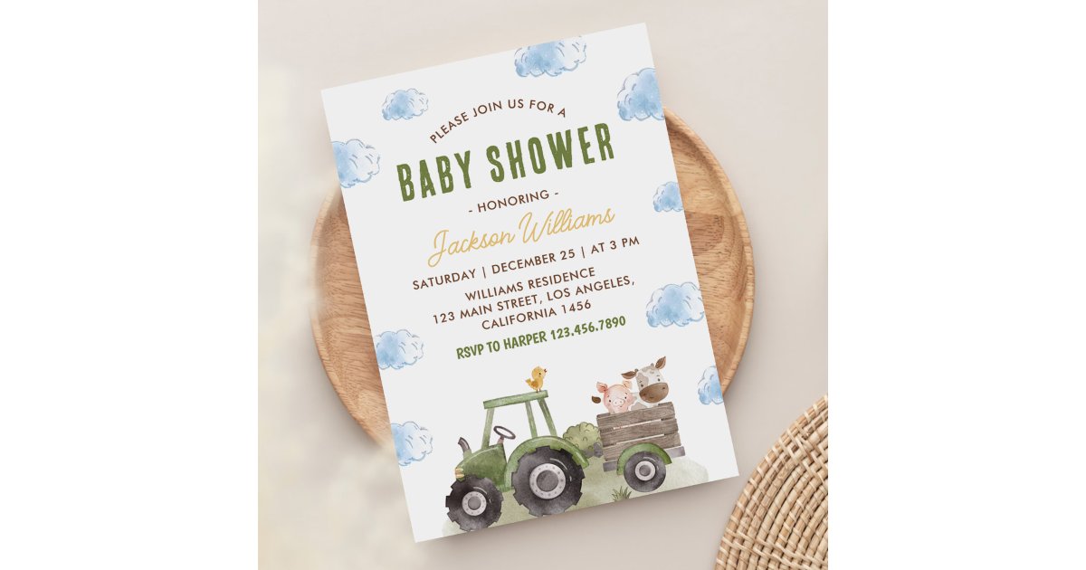 Farm Animals Tractor Gender Neutral Baby Shower Invitation | Zazzle