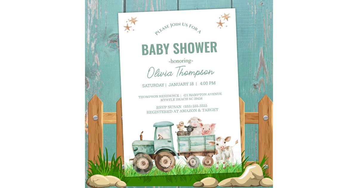Farm Animals Tractor Gender Neutral Baby Shower Invitation | Zazzle