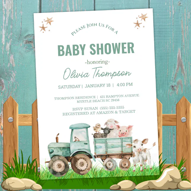 Farm Animals Tractor Gender Neutral Baby Shower Invitation | Zazzle