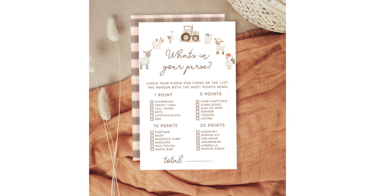 Farm Animals Whats in Your Purse Baby Shower Game | Zazzle
