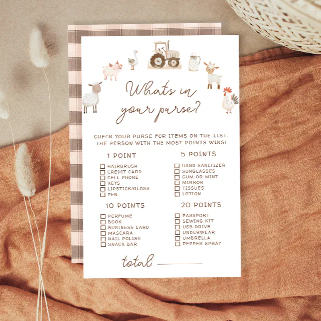 Farm Animals Whats in Your Purse Baby Shower Game | Zazzle