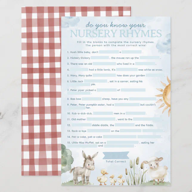 Farm Baby Shower Nursery Rhyme Game | Zazzle