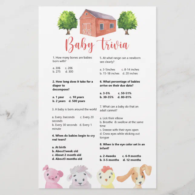 Farm - Baby Trivia | Baby Shower Game | Zazzle