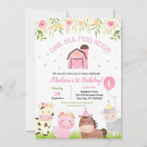 Farm Barnyard 1st Birthday Party Invitations Girl | Zazzle