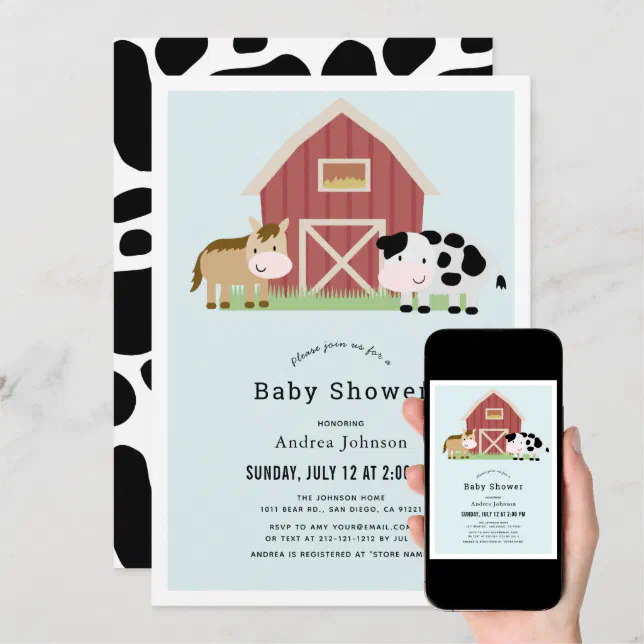 Farm Barnyard Blue Boy Baby Shower Invitation | Zazzle
