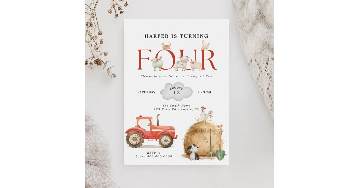 Farm Barnyard Fun Fourth Birthday Invitation | Zazzle