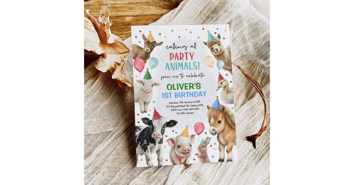 Farm Barnyard Party Animals Balloons Boy Birthday Invitation | Zazzle