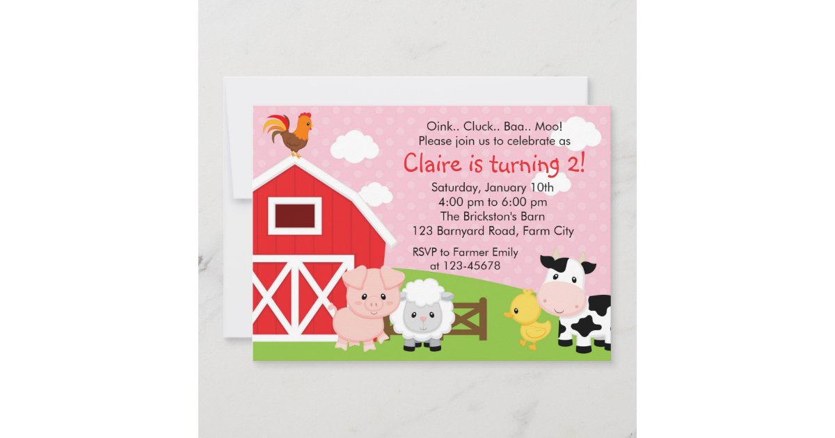 Farm Birthday Invitation - Girl (Pink) - Barnyard | Zazzle