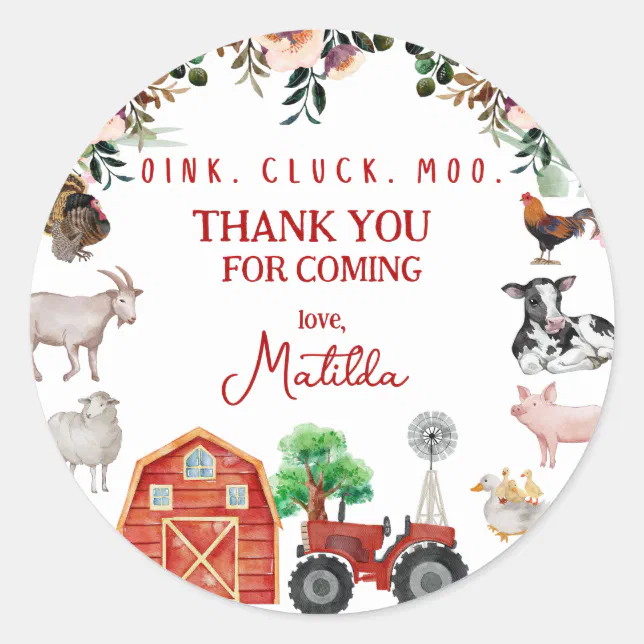 Farm Birthday Party Thank You Classic Round Sticker | Zazzle