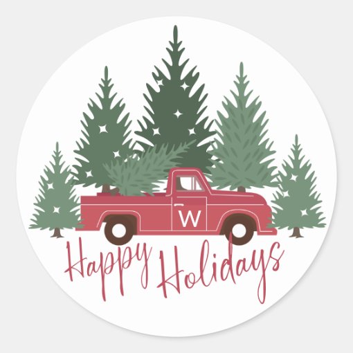 Farm Fresh Christmas Tree Red Vintage Truck Classic Round Sticker | Zazzle