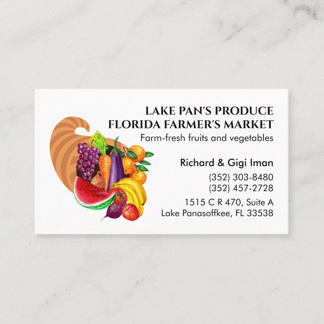 Farm-Fresh Fruits and Vegetables Cornucopia Logo Business Card | Zazzle