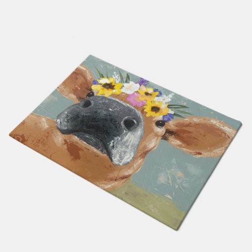 Farm Fun - Cow with Flower Crown Doormat | Zazzle