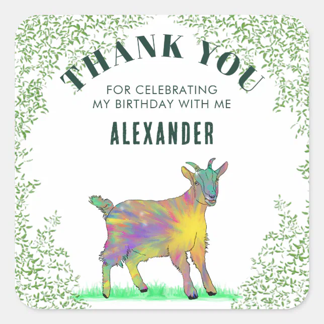 Farm Goat Birthday Party Thank You Square Sticker | Zazzle