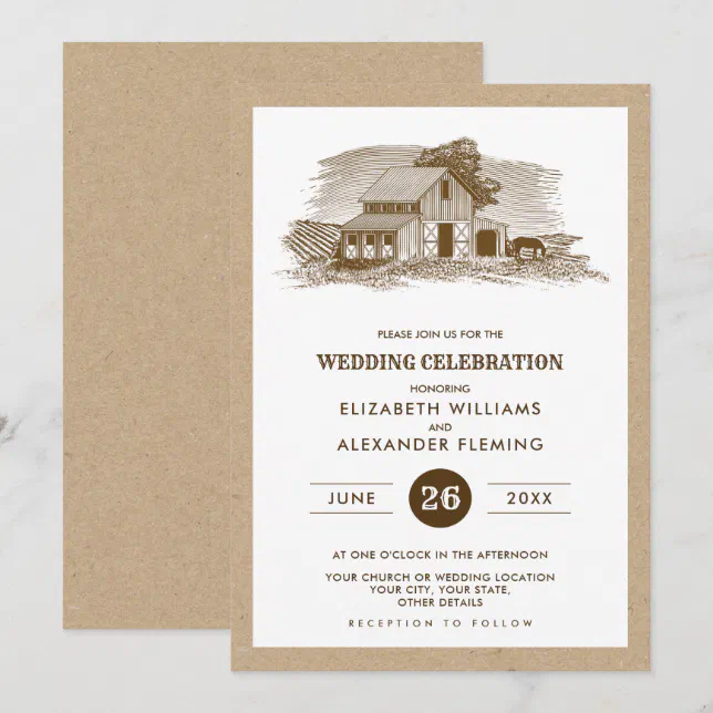 Farm Scetch Kraft Paper Rustic Wedding Invitations | Zazzle