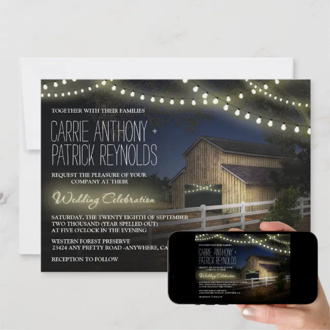 Farm String Lights Rustic Barn Wedding Invitations | Zazzle