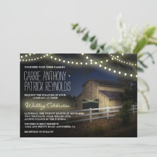Farm String Lights Rustic Barn Wedding Invitations | Zazzle