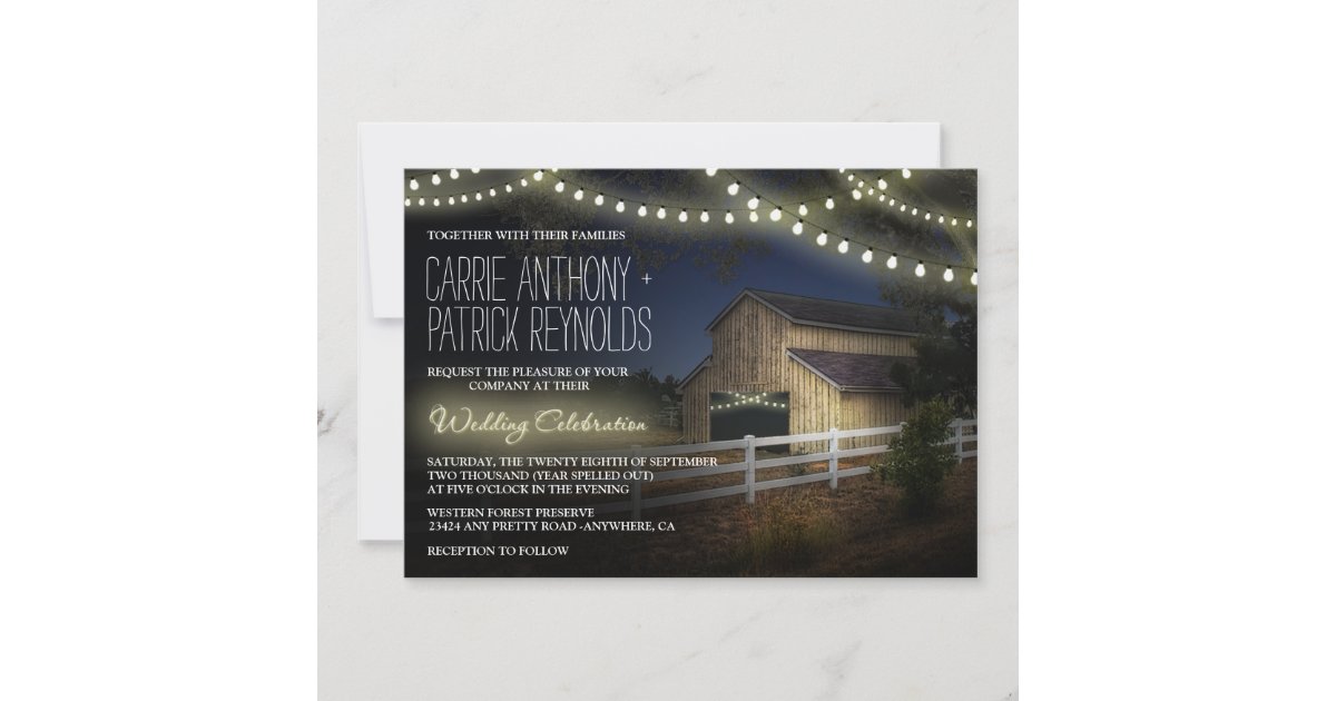 Farm String Lights Rustic Barn Wedding Invitations | Zazzle
