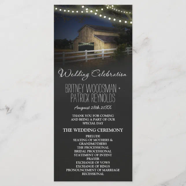 Farm String Lights Rustic Barn Wedding Programs | Zazzle