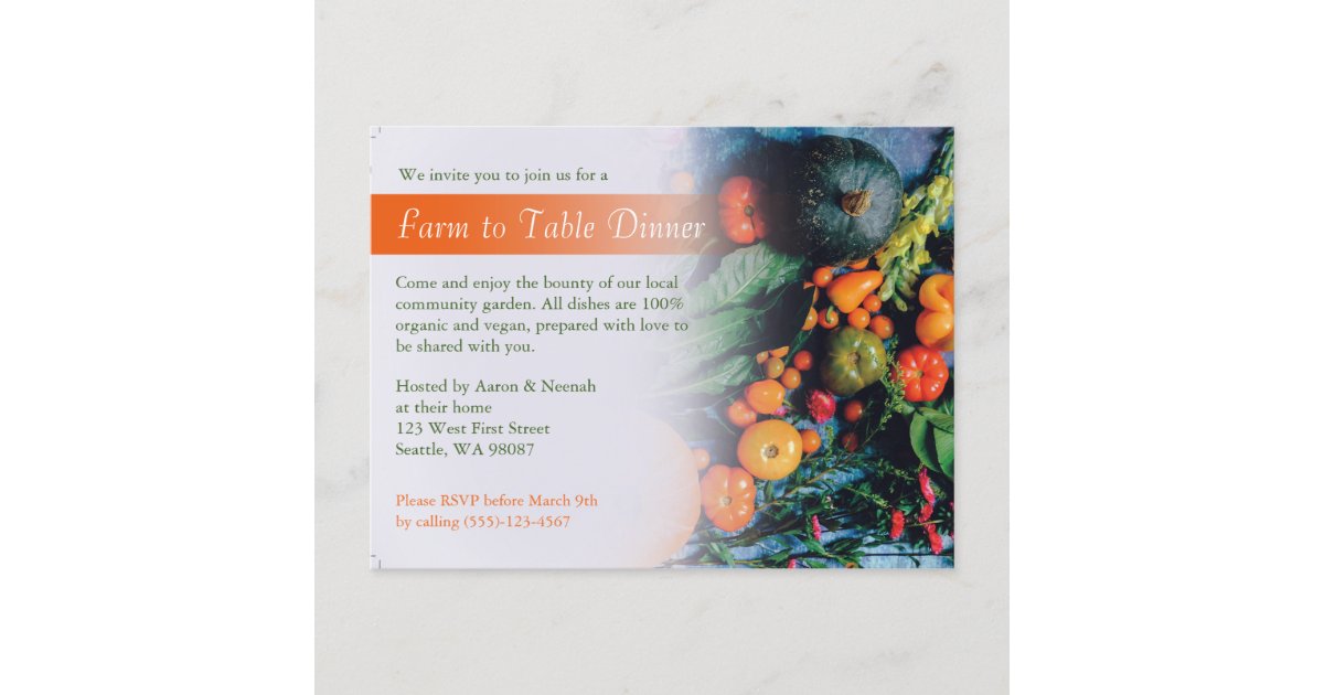 Farm to Table Vegan Dinner Invitation Postcard | Zazzle