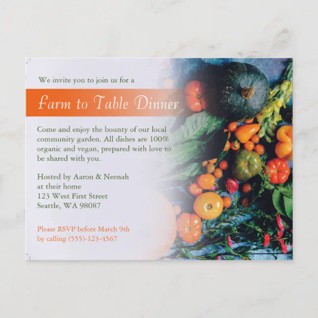 Farm to Table Vegan Dinner Invitation Postcard | Zazzle