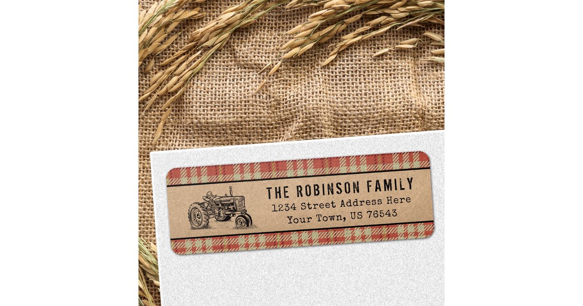 Farm Tractor Country Red Plaid Kraft Address Label | Zazzle