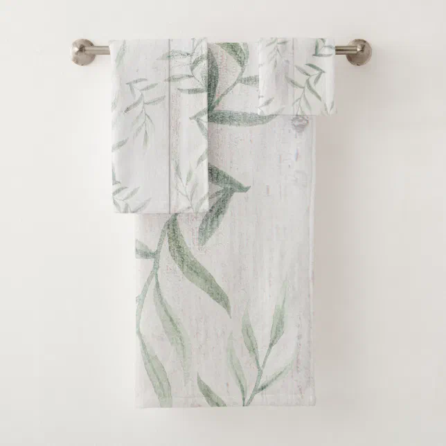 Farmhouse Botanical White Wood Rustic Leaves Bath Towel Set | Zazzle