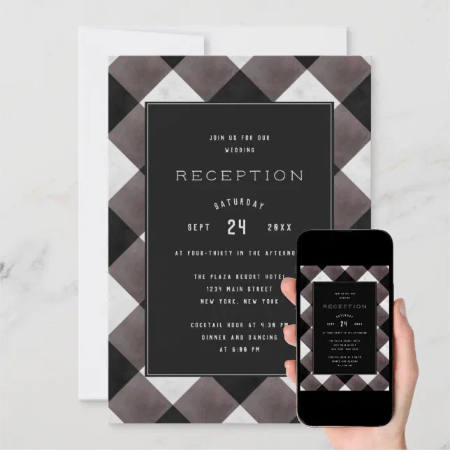 Farmhouse Buffalo Plaid Check Wedding Reception Invitation | Zazzle