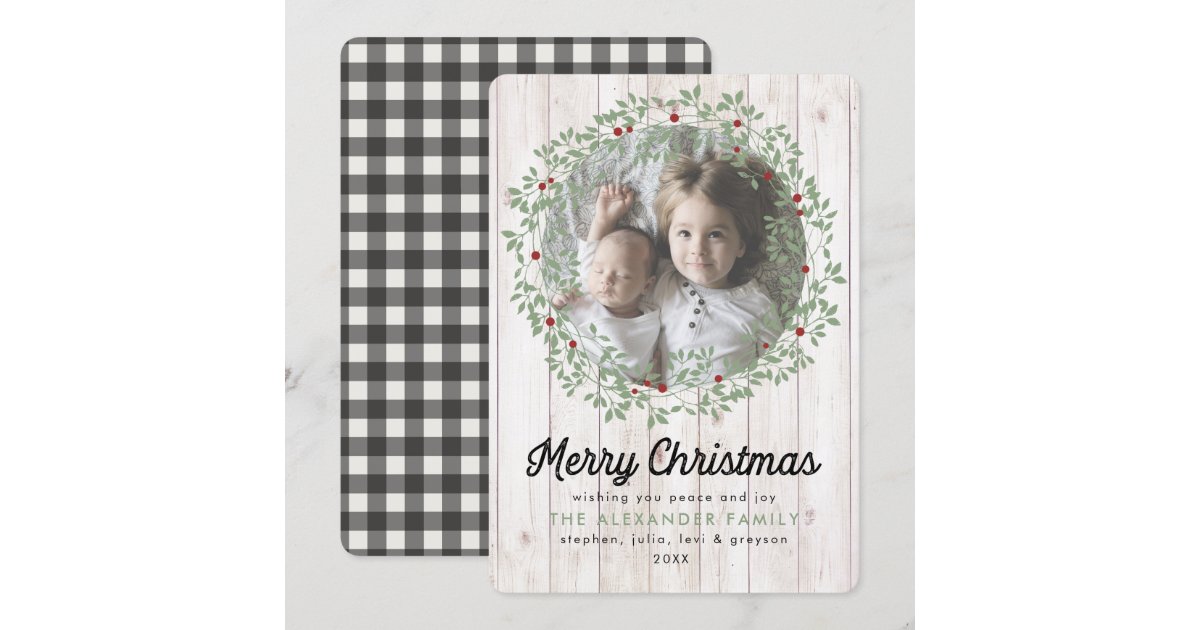 Farmhouse Christmas Wreath | Buffalo Check Holiday Card | Zazzle