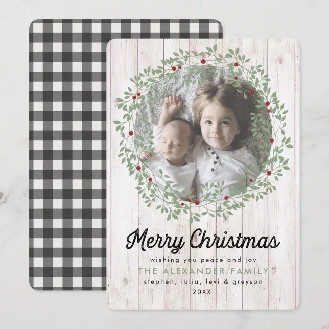 Farmhouse Christmas Wreath | Buffalo Check Holiday Card | Zazzle