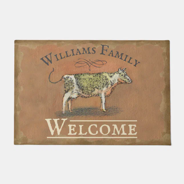 Farmhouse Cow Vintage Monogrammed Welcome 24x36 Doormat | Zazzle