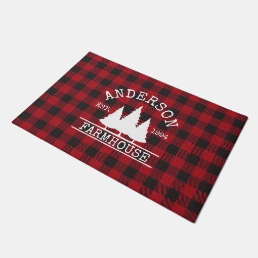 Farmhouse Family Name Red Buffalo Plaid Large Doormat | Zazzle