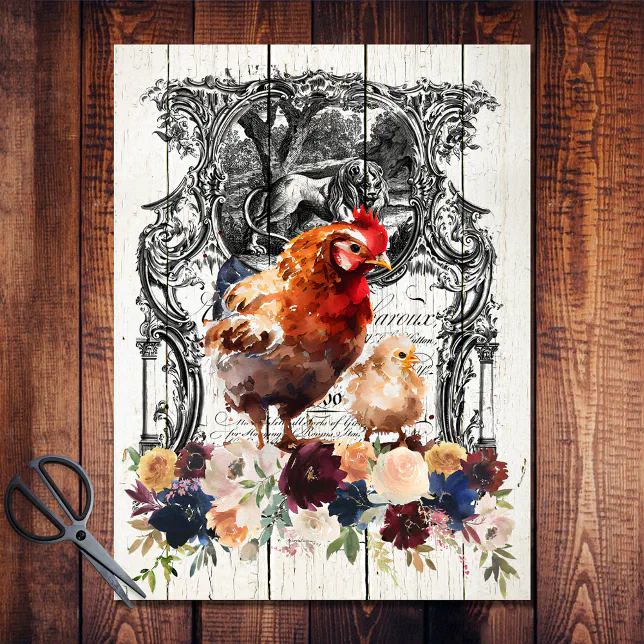 Farmhouse Floral Rhode Island Red Chickens Tissue Paper | Zazzle