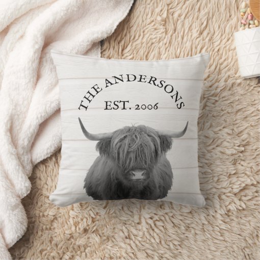 Farmhouse Hairy Cow Highland wood Personalized Throw Pillow | Zazzle