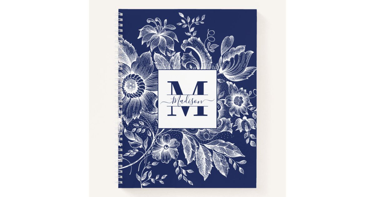 Farmhouse Peony Monogram Navy Vintage French Blue Notebook | Zazzle