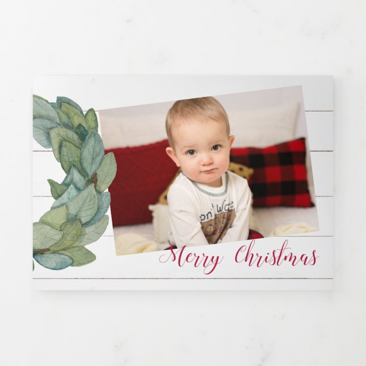 Farmhouse Photo Card Shiplap & Magnolia Wreath | Zazzle