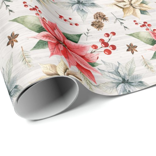 Farmhouse Poinsettia Wood Rustic Christmas Wrapping Paper | Zazzle