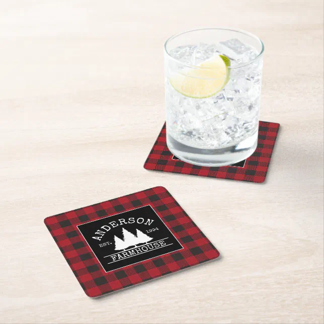 Farmhouse Red Buffalo Plaid Family Name Square Paper Coaster | Zazzle