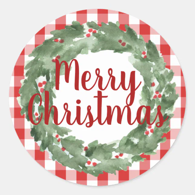 Farmhouse Red White Buffalo Check Merry Christmas Classic Round Sticker ...