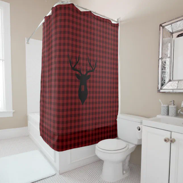 Farmhouse Rustic Red Buffalo Check Deer Monogram Shower Curtain | Zazzle