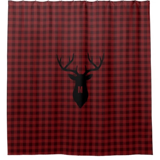 Farmhouse Rustic Red Buffalo Check Deer Monogram Shower Curtain | Zazzle