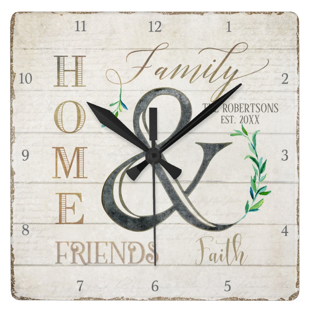 Farmhouse Shiplap Wood Home Friends Family Name Square Wall Clock | Zazzle