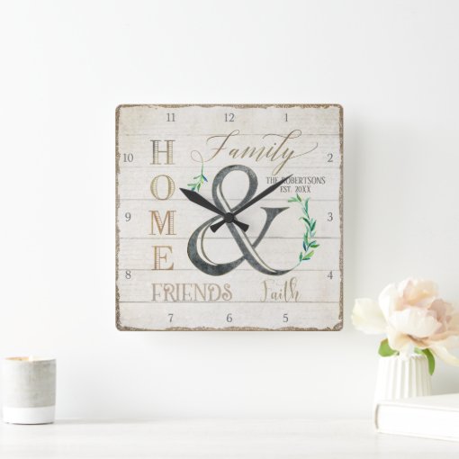 Farmhouse Shiplap Wood Home Friends Family Name Square Wall Clock | Zazzle