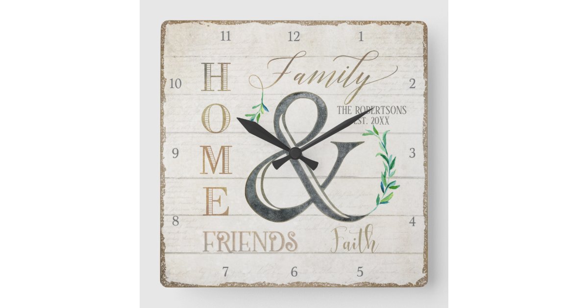 Farmhouse Shiplap Wood Home Friends Family Name Square Wall Clock | Zazzle