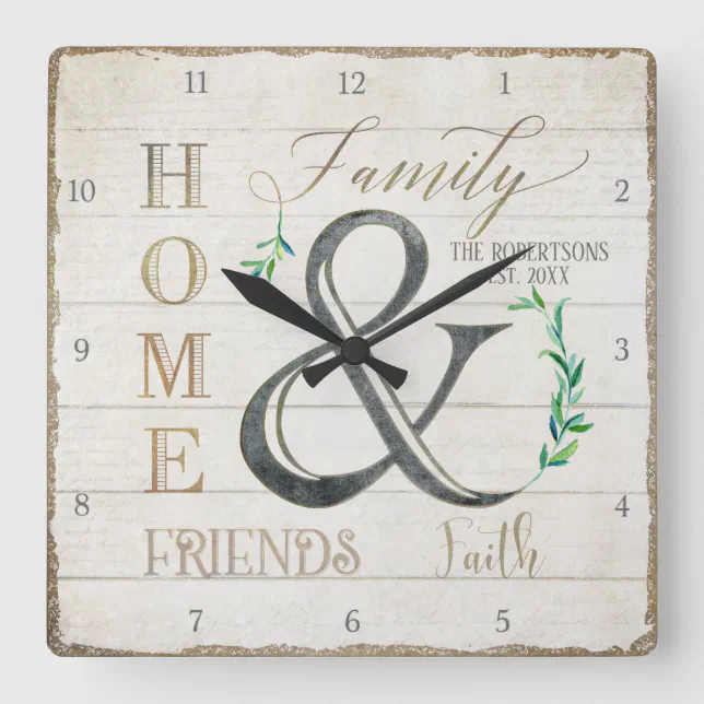 Farmhouse Shiplap Wood Home Friends Family Name Square Wall Clock | Zazzle