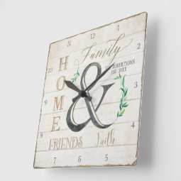 Farmhouse Shiplap Wood Home Friends Family Name Square Wall Clock | Zazzle
