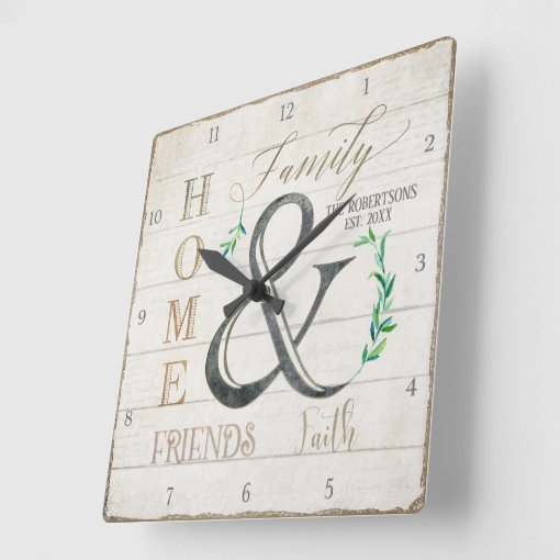 Farmhouse Shiplap Wood Home Friends Family Name Square Wall Clock | Zazzle